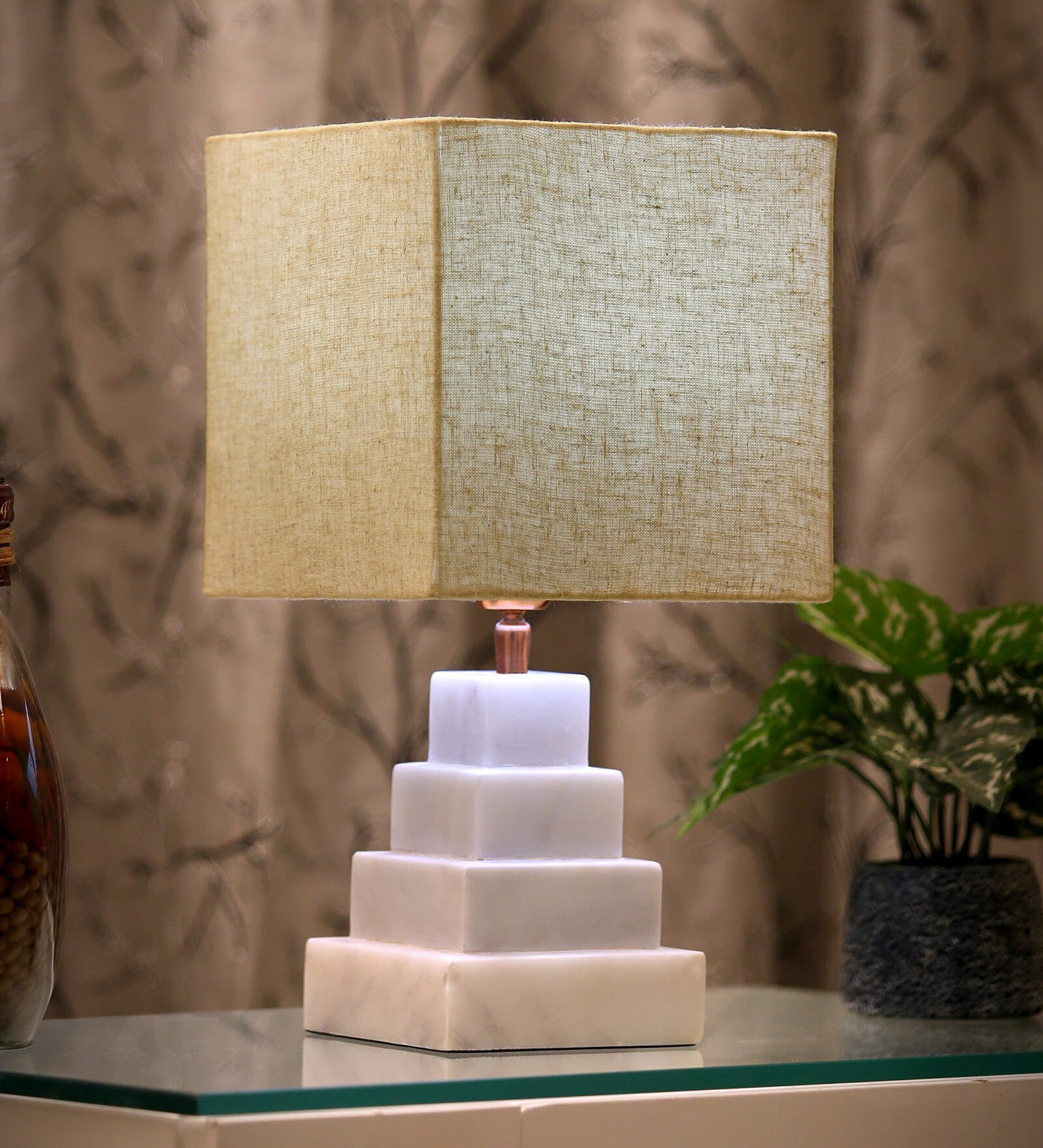 Buy Euclid Beige Fabric Shade Night Lamp With Marble Base By POSH N ...