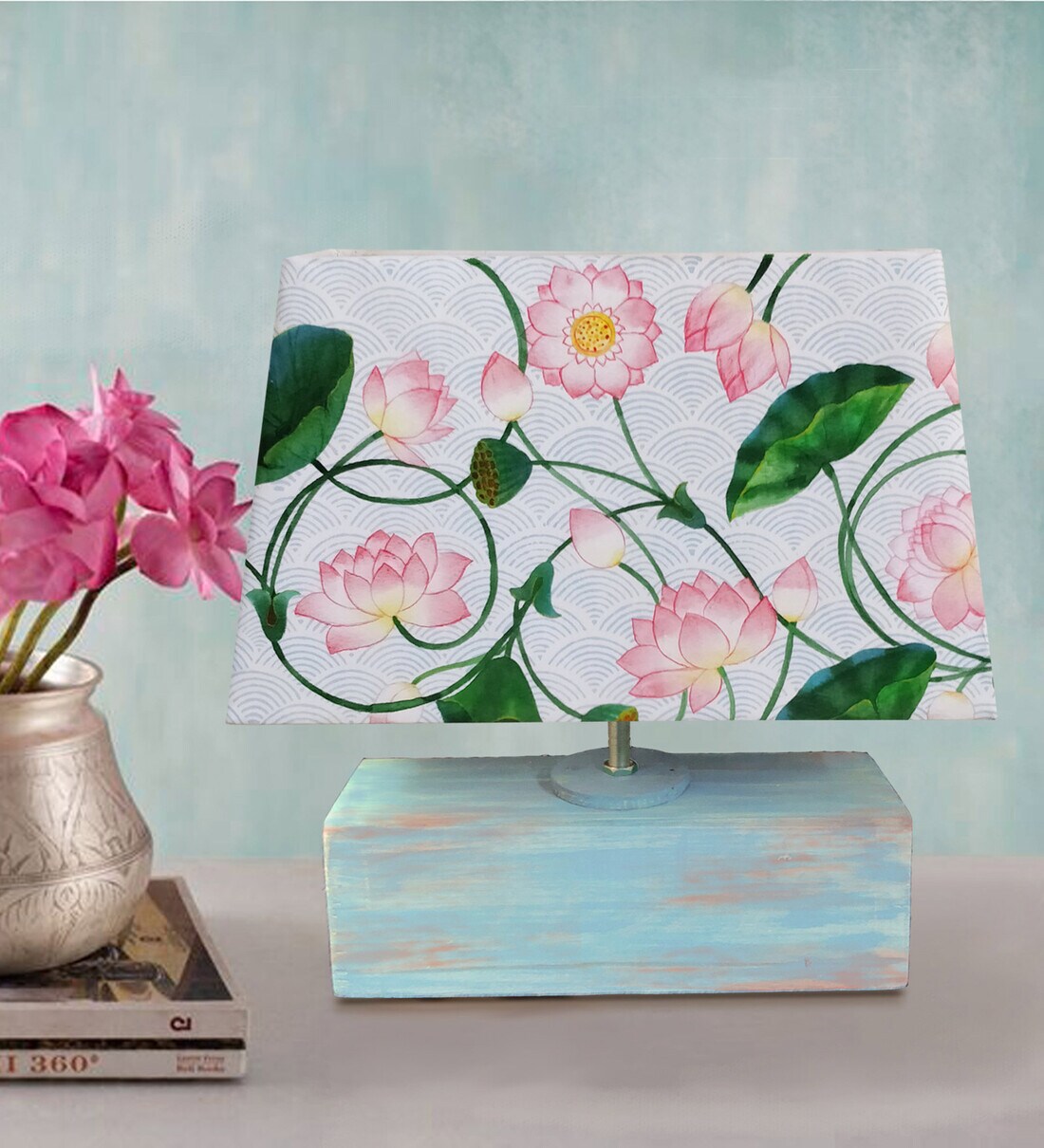 Buy Rectangle Teal Polyester Shade Table Lamp with Wood Base by ...