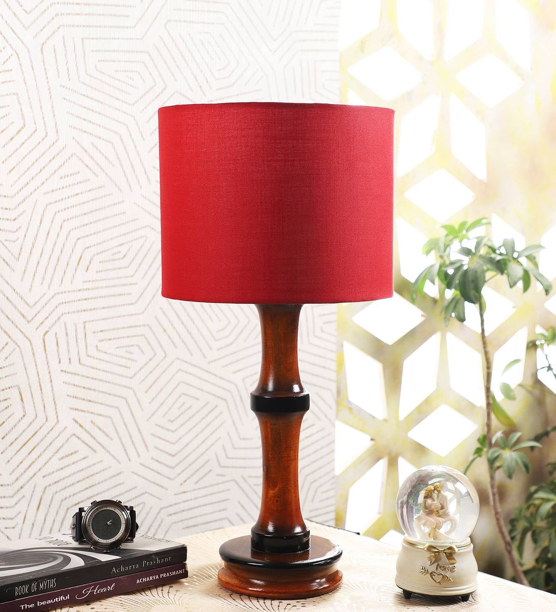 Buy Red Cotton Shade Table Lamp with Wood Base by Tu Casa Online ...