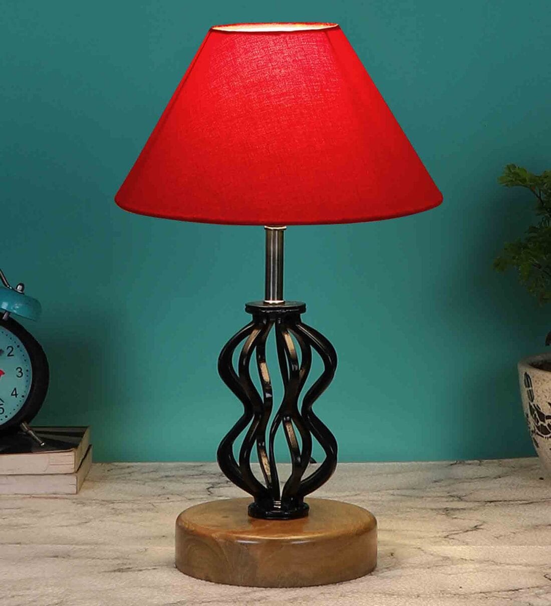 Buy Red Shade Table Lamp With Shade Table Lamp With Wood & Iron Base By ...