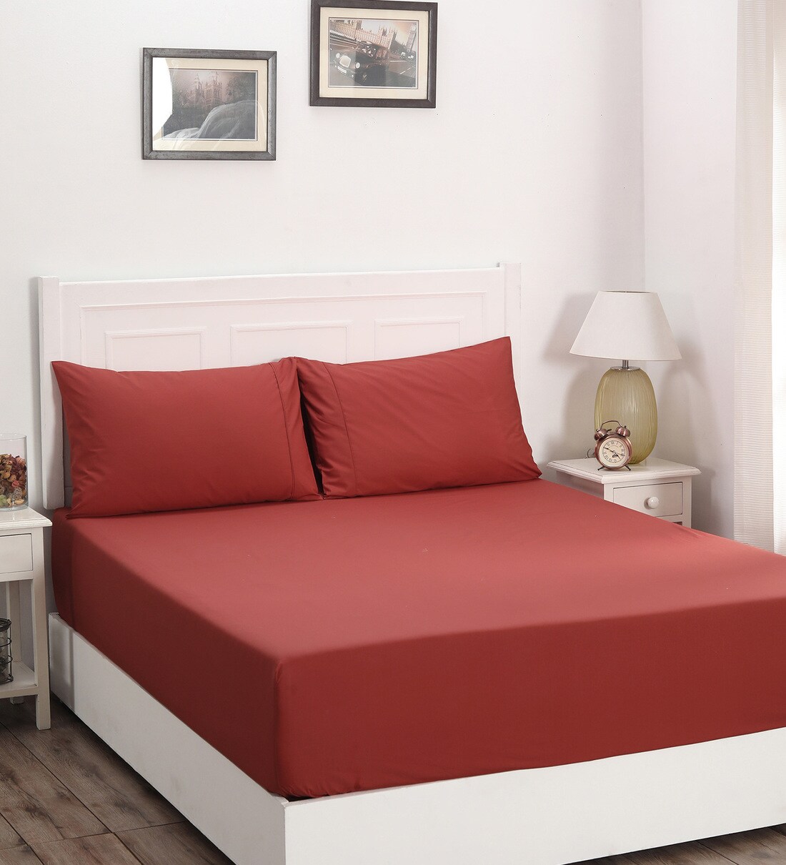 Buy Red Solid 200 TC Cotton Queen Sized Fitted Bed Sheets with 2 Pillow ...