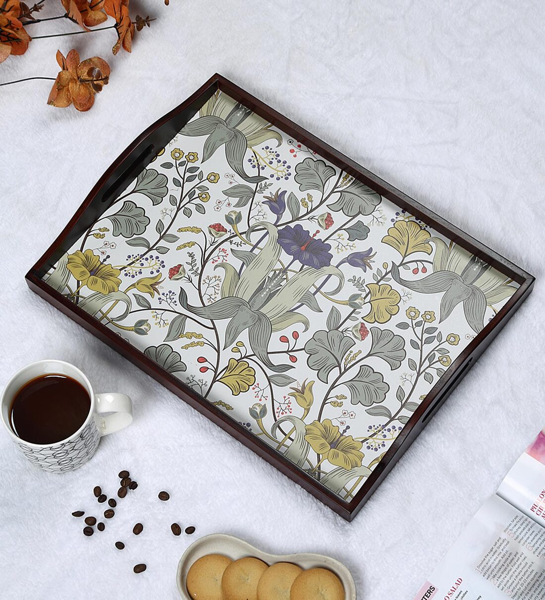 Buy Retro Hibiscus Brown Teak Wood & MDF Serving Tray Reinvention ...