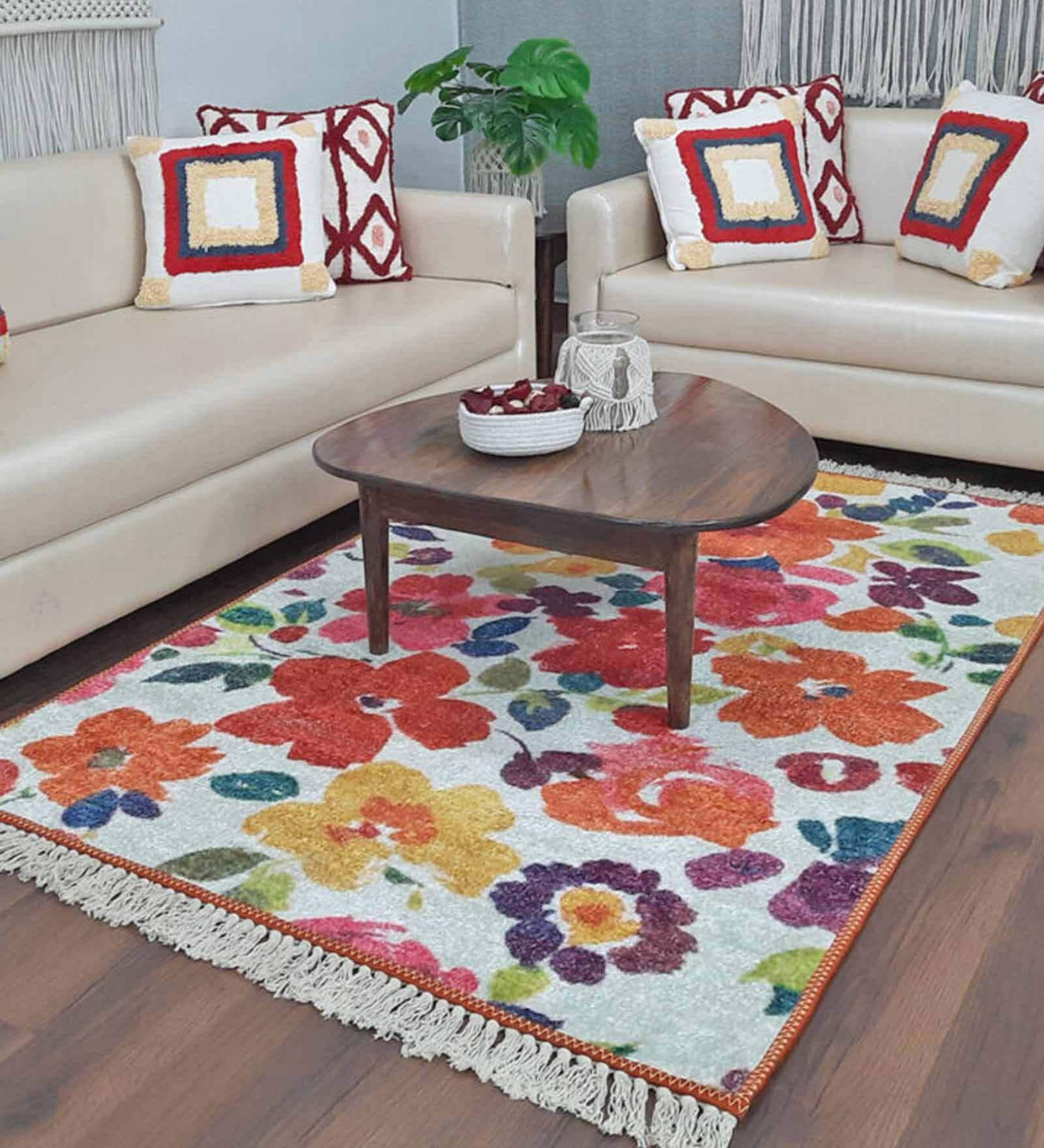 Buy Red Floral Faux Silk 5 ft x 7 ft Hand Woven Carpet by Loomkart ...