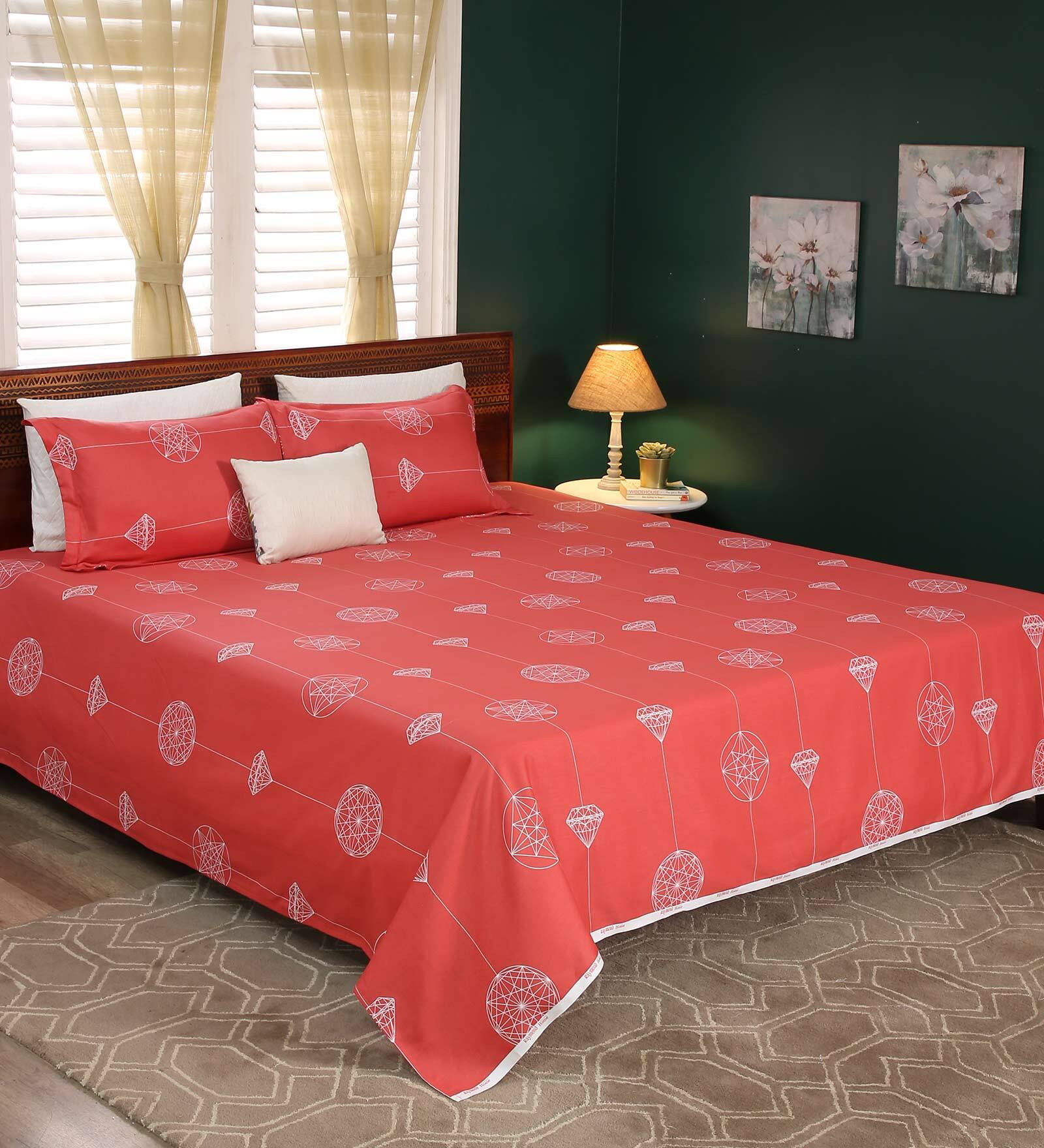 Buy Red Geometric 200 TC Cotton Double Bedsheet 2 Pillow cover Crown ...