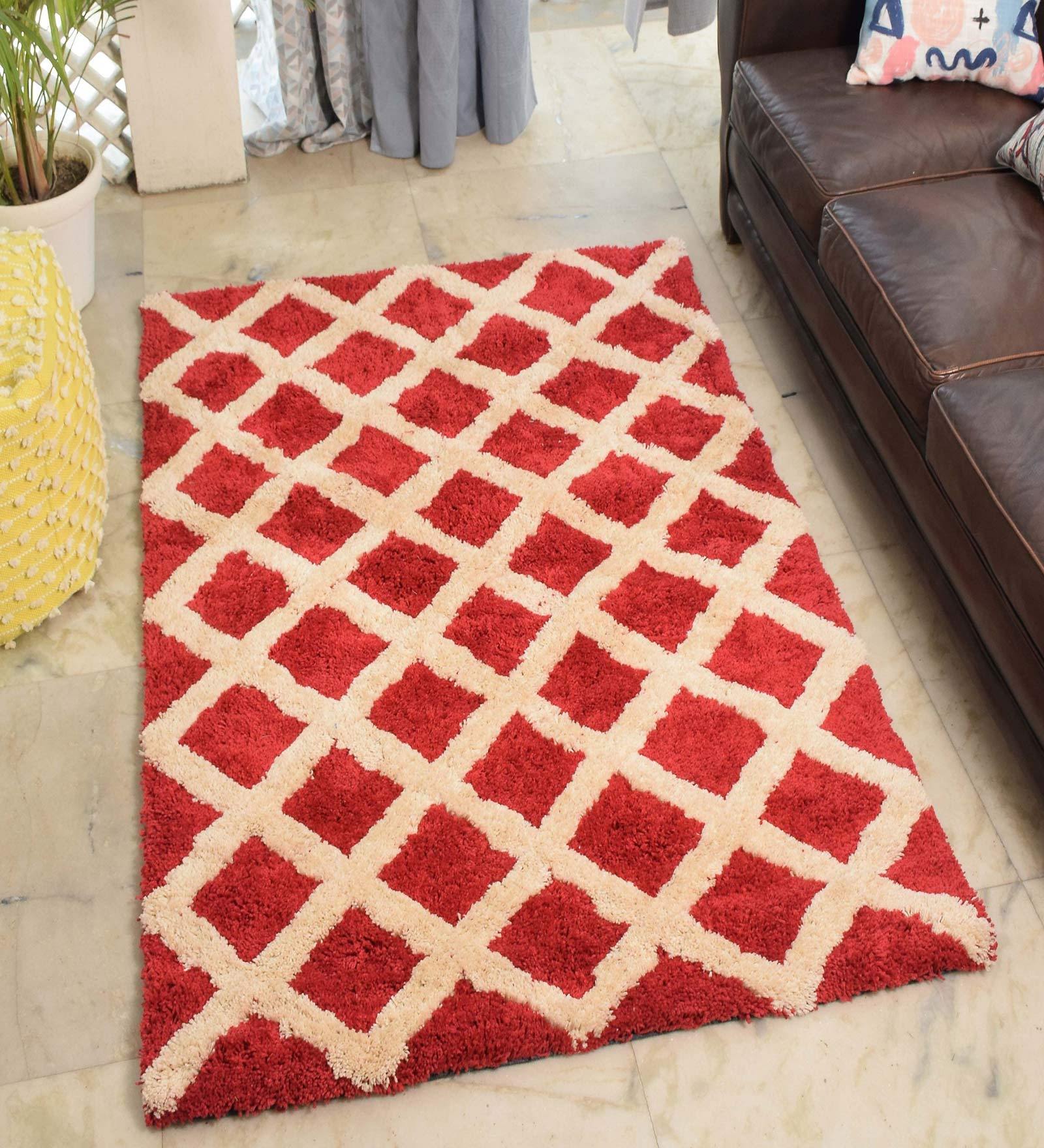 Buy Checkered Pattern Polyester Machine Made 4 X 6 Feet Carpet By Avi ...