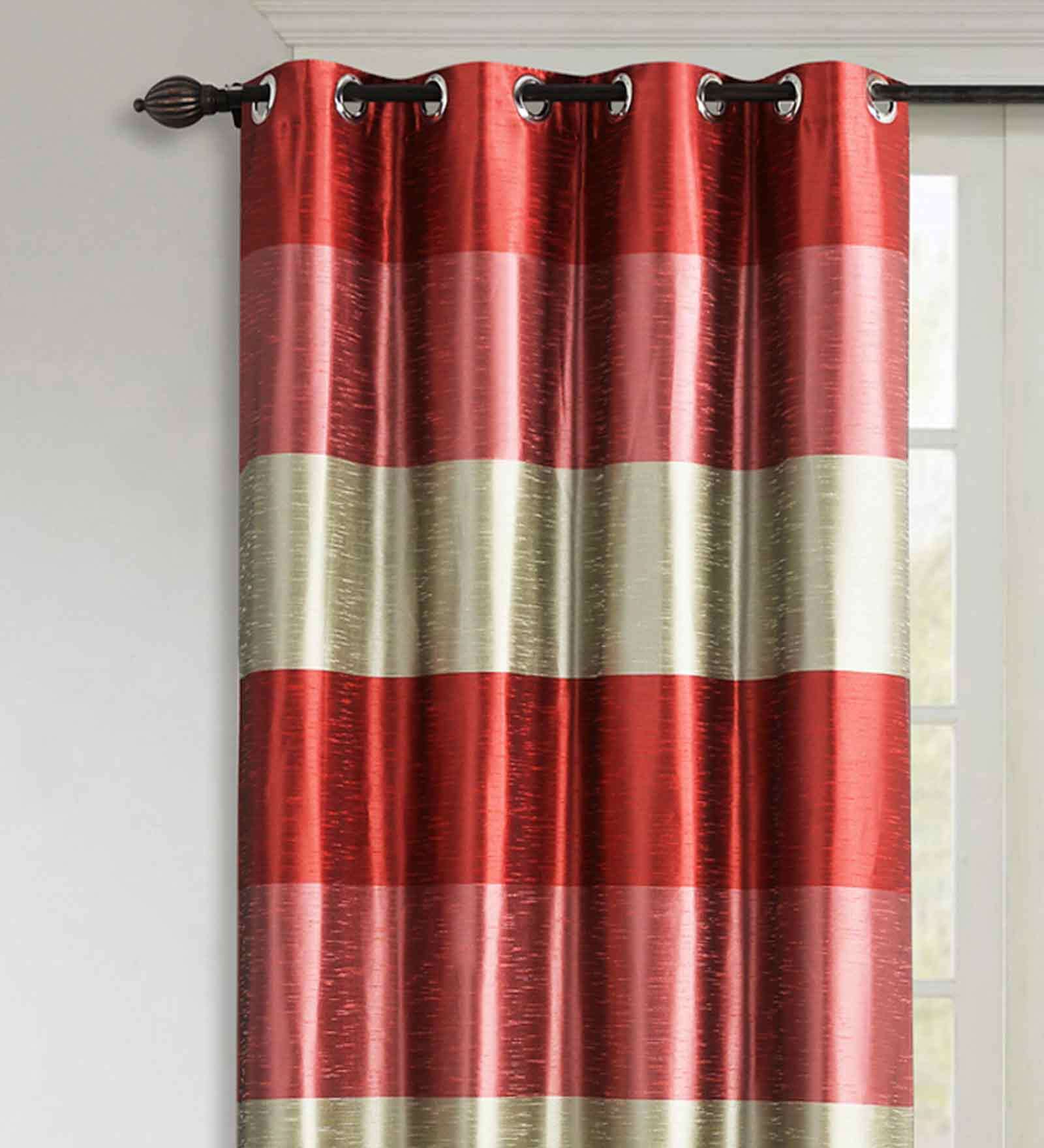 Buy Red Polyester Striped 9 Ft Blackout Eyelet 2 Curtains by Deco ...