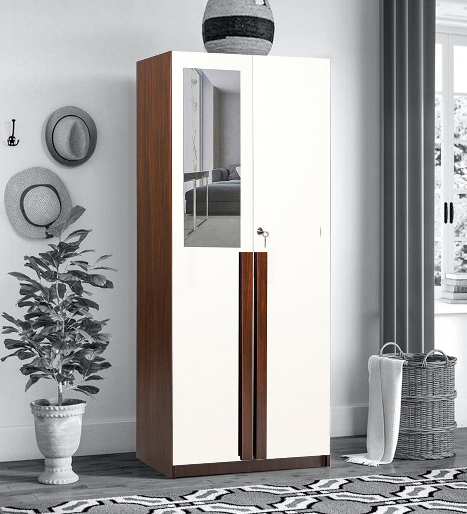 Buy Regal Deluxe 2 Door Wardrobe with Mirror in White & Walnut Colour ...