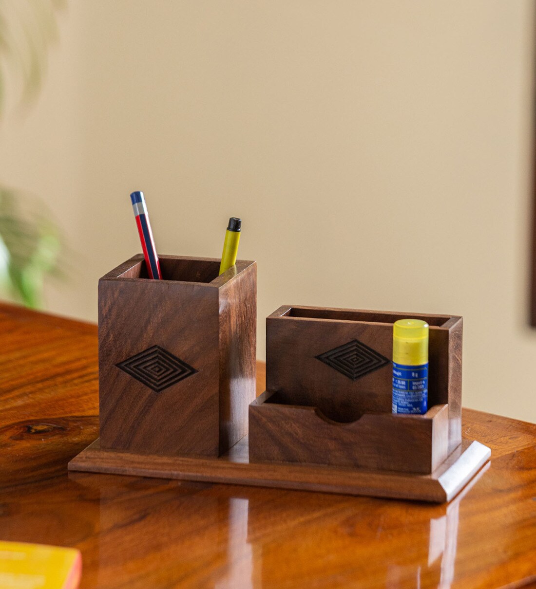Buy Rhombus Rumbles Hand-Carved Dark Brown Sheesham Wood Desk Organiser ...