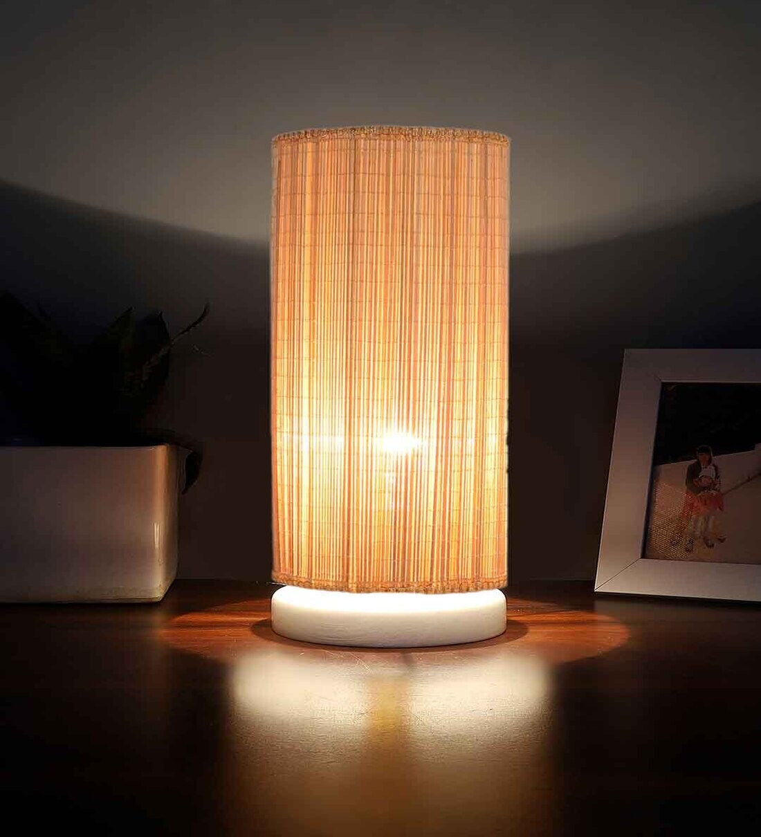 Buy Round Bamboo table lamp with White wood base -1 at 63% OFF by New ...