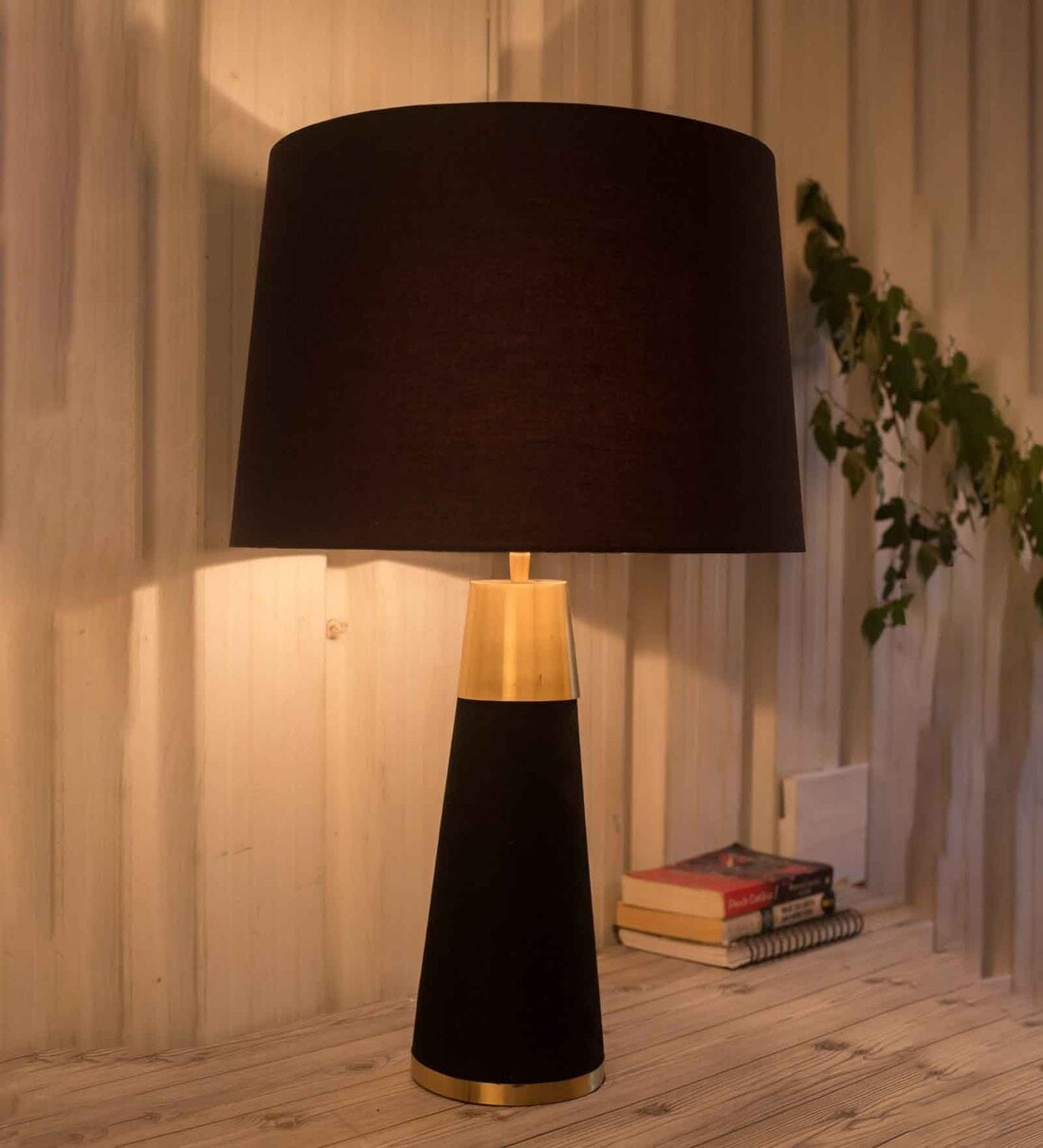 Buy Maurice Black Cotton Shade Night Lamp With Metal & Wood Base By ...