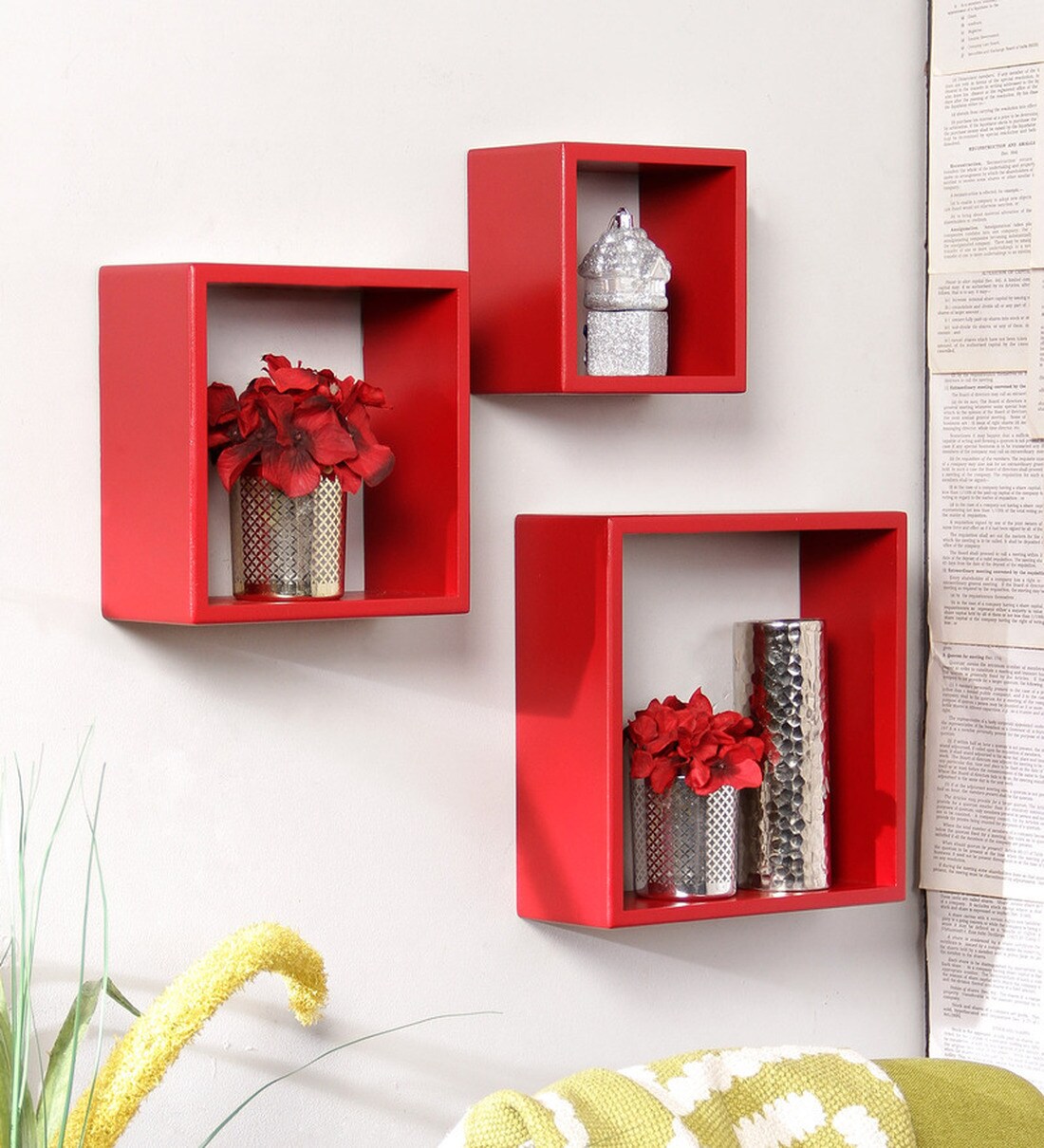 Buy Set of 3 Engineered Wood Cuin Red Colour be Wall Shelf by Home ...