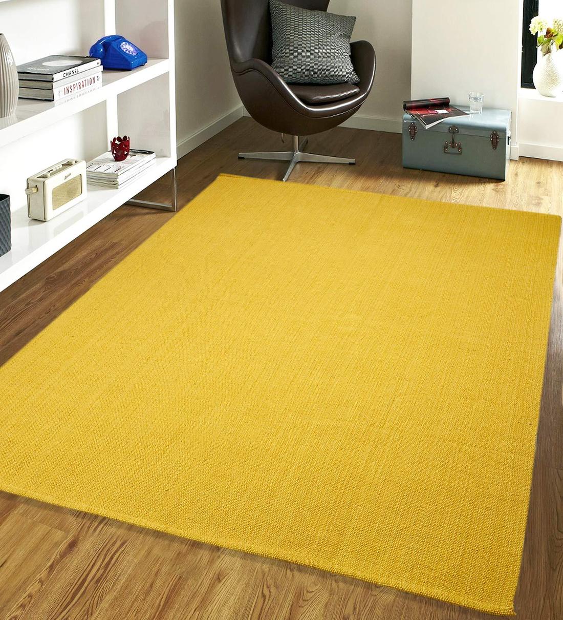 Buy Yellow Solid Cotton 5 ft x 7 ft Machine Made Carpet by Saral Home ...
