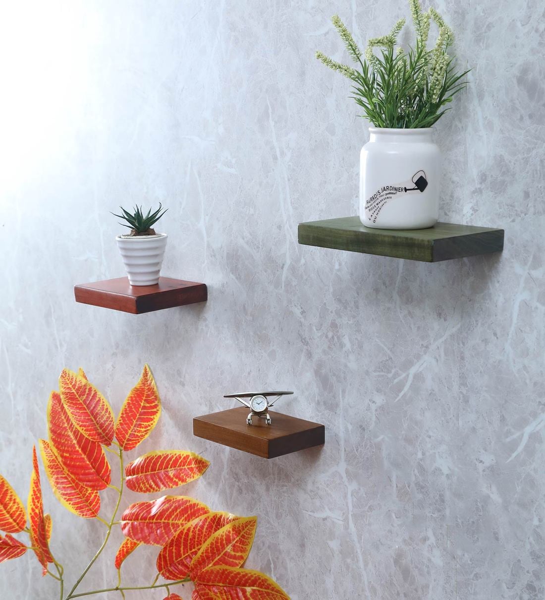 Buy Set of 3 Solid Wood Floating Wall Shelf in Green Colour by ...