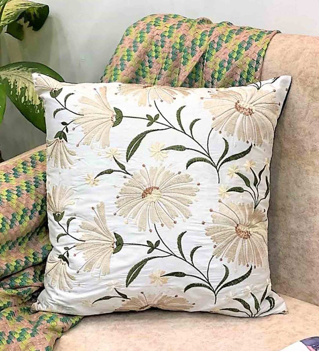 Buy Cream Traditional Silk 16 x 16 Inches Embroidered Cushion Cover by House Of Silko Online ...