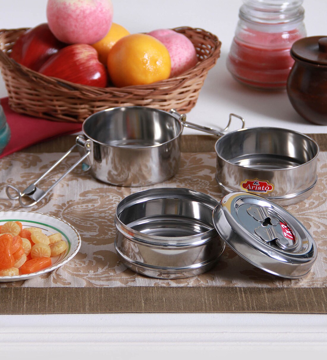 Buy Silver Stainless Steel Round 400 ML Lunch Box by Aristo Online ...