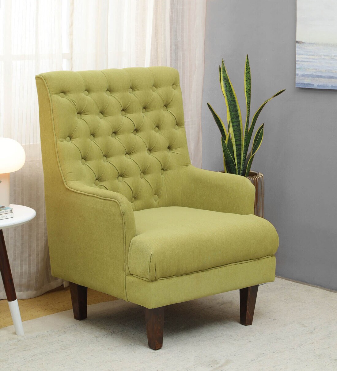 Buy Fernand Fabric Full Back Lounge Chair In Olive Green Colour at 6% ...