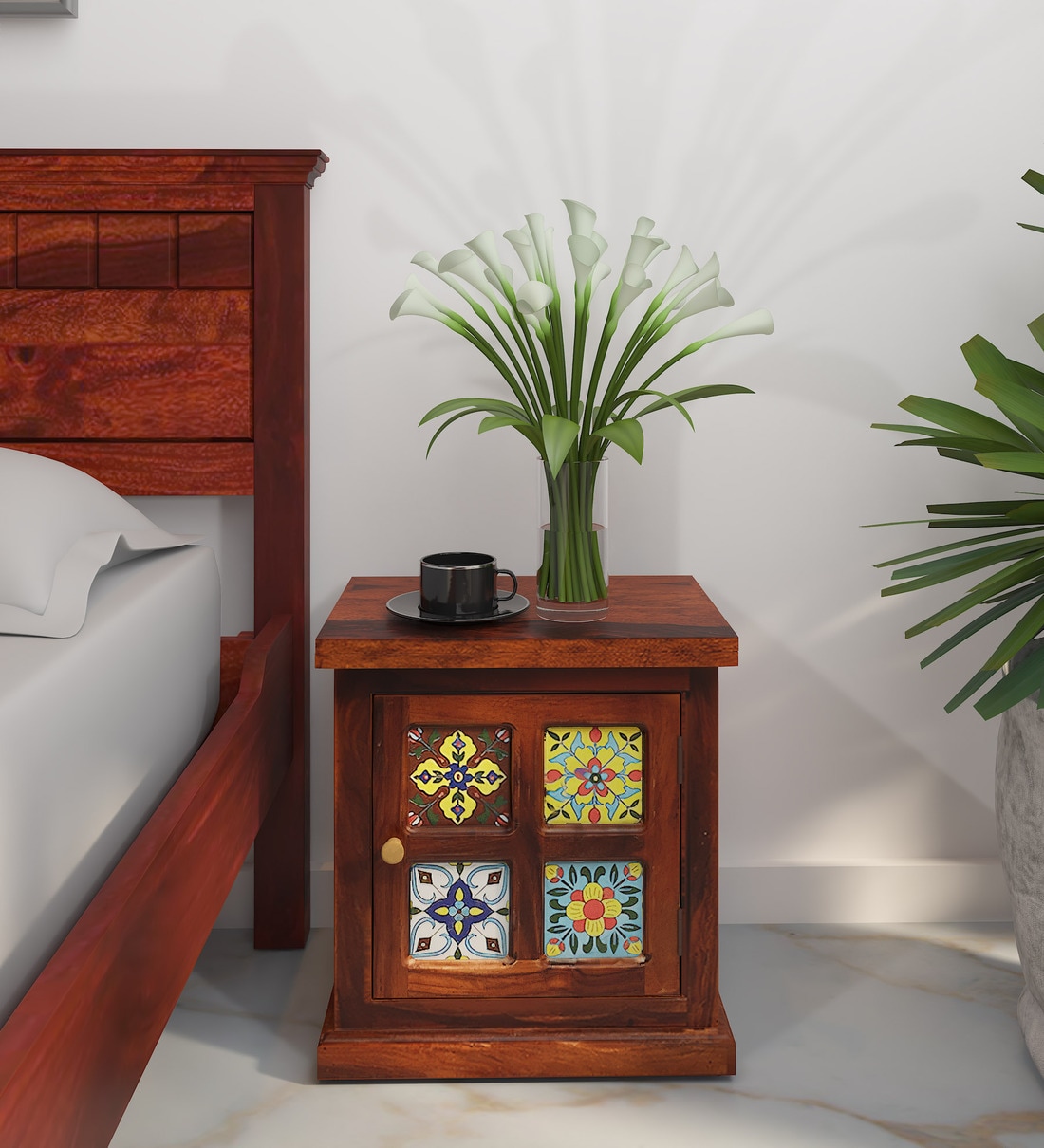 Buy Siramika Sheesham Wood Bedside Table (Rhs Door) In Honey Oak Finish ...
