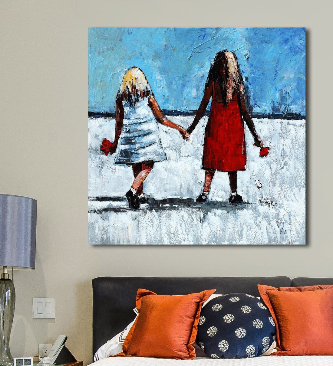 Buy Sisters Walking Hand in Hand Canvas Portrait Acrylic Painting by ...