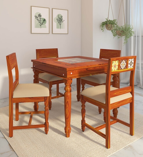 Buy Siramika Sheesham Wood 4 Seater Dining Set In Honey Oak Finish With ...