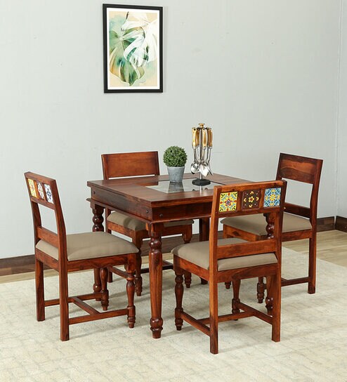 Buy Siramika Sheesham Wood 4 Seater Dining Set In Honey Oak Finish With ...