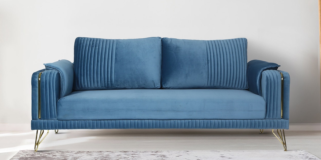 Buy Solitaire Velvet 3 Seater Sofa in Sky Blue Colour Online - Modern 3 ...