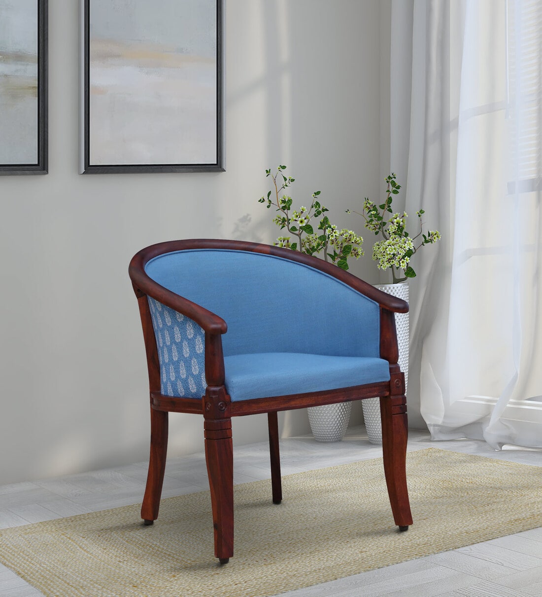 Buy Stalley Sheesham Wood Arm Chair In Blue Dual Print & Honey Oak ...