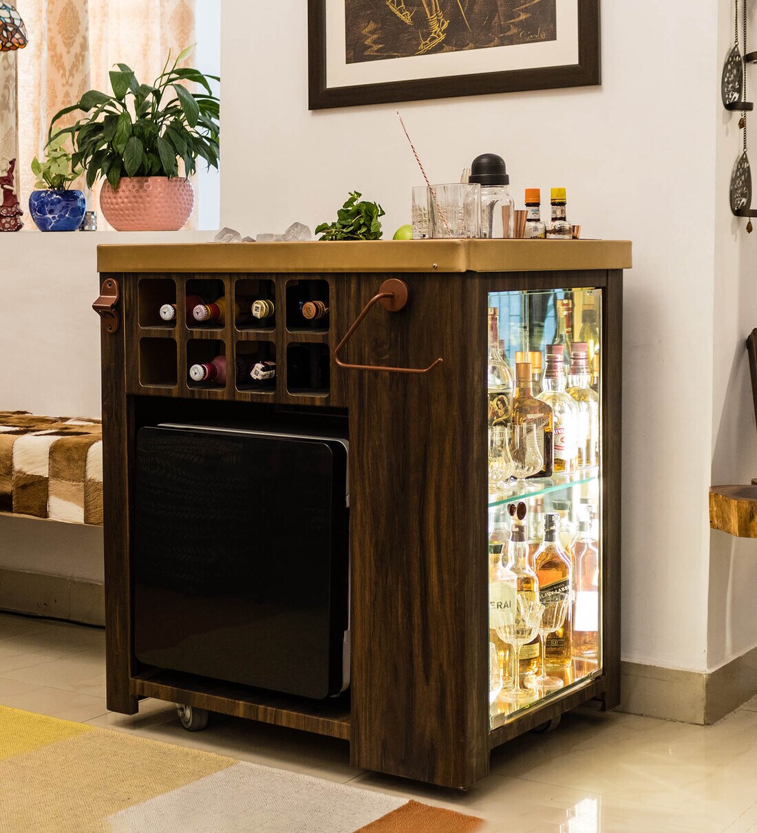 Buy Model X All-In-One Metal Bar Cabinet in Wooden Vinyl & Matt Gold ...