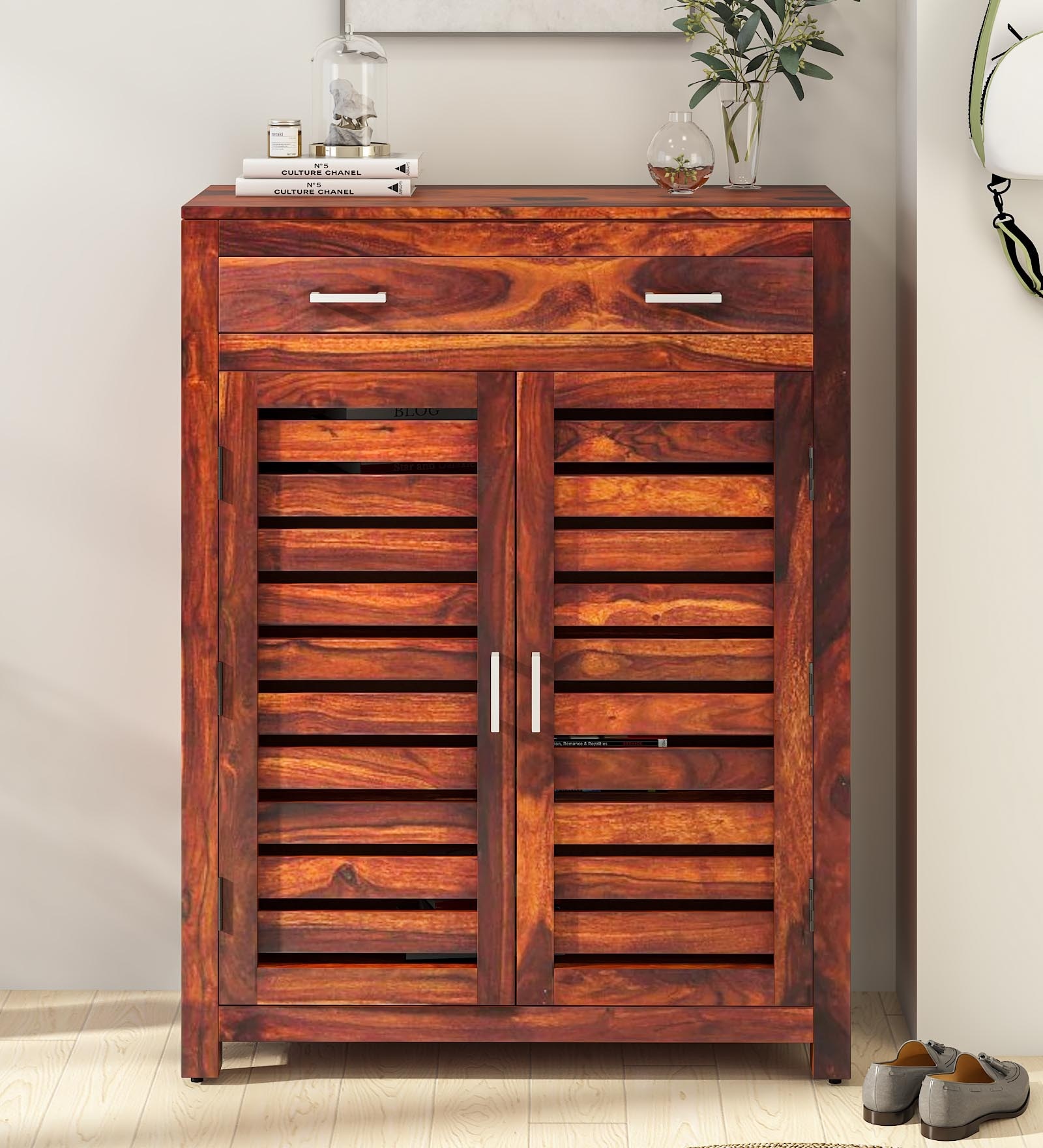 Buy Stigen Sheesham Wood Shoe Cabinet In Honey Oak Finish Online - Shoe ...