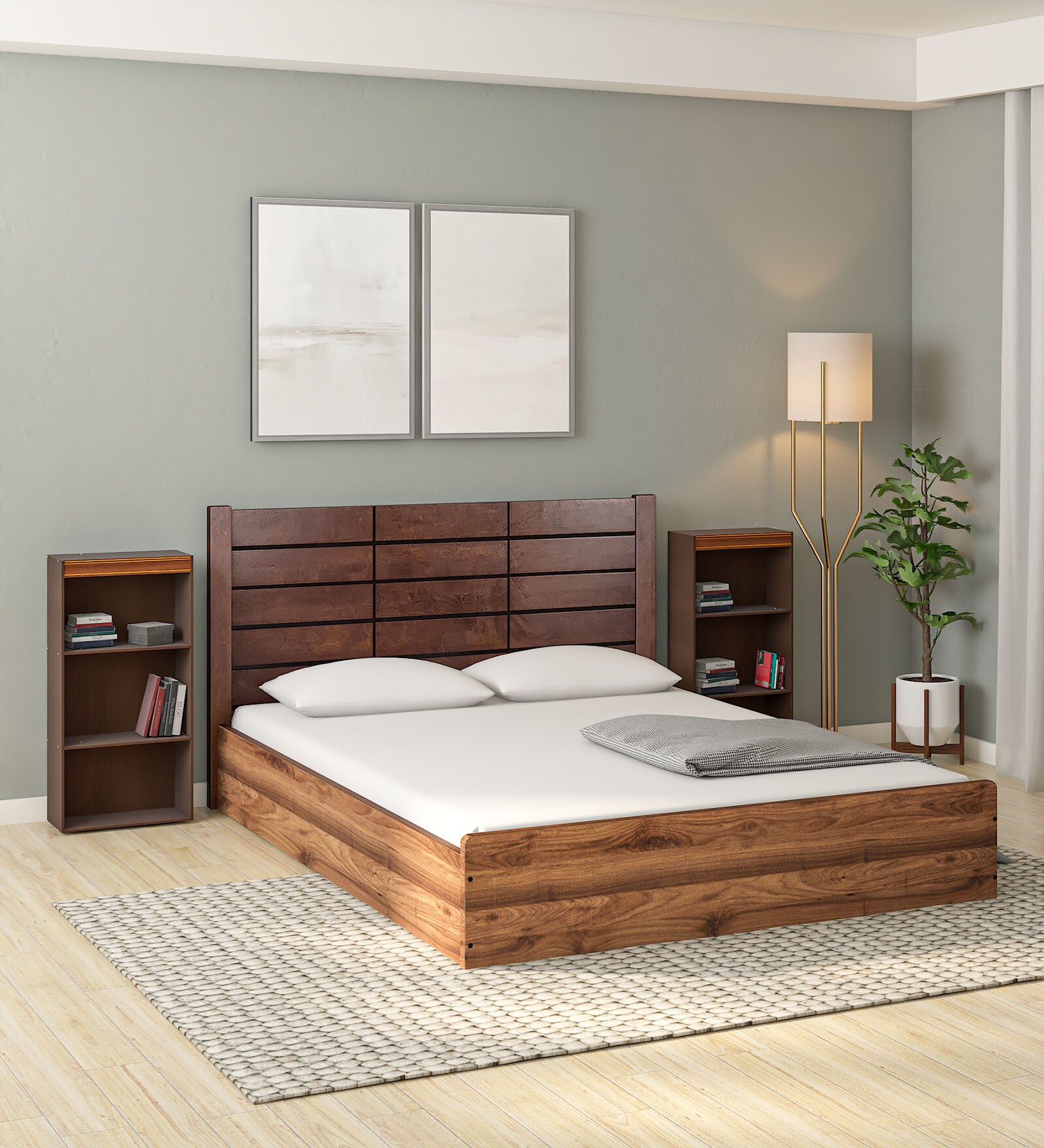 Buy Tetsu Queen Size Bed in Columbia Walnut Finish with Box Storage + Two Bedside Tables Online ...