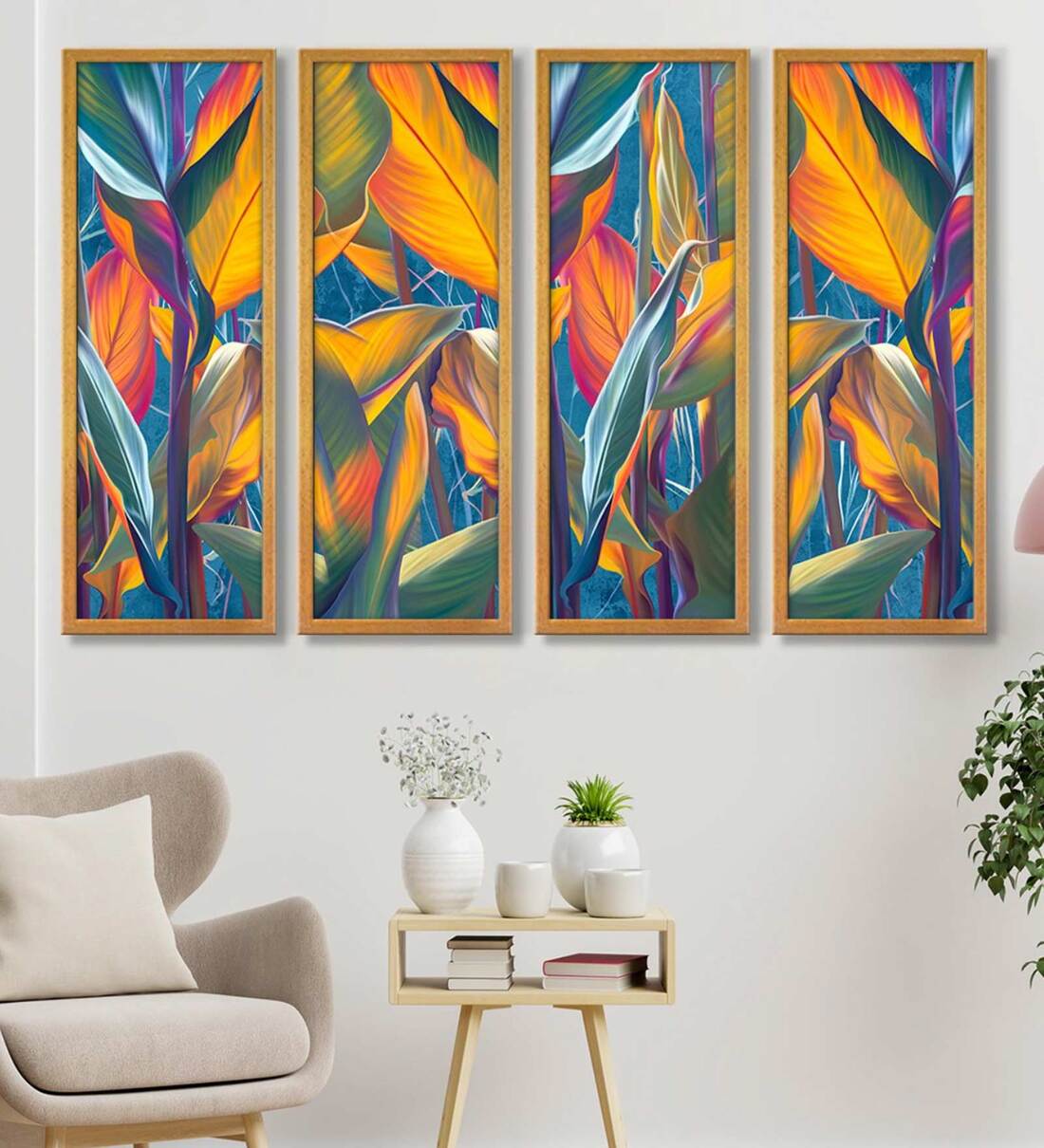 Buy Tree Leaves Multicolour Canvas Framed Landscape Art Panel Set of 4 ...