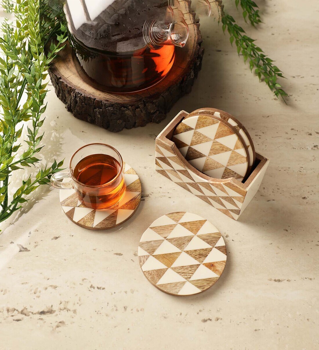 Buy Triangle Brown & White MDF (Set of 5) Table Coaster with Stand at ...
