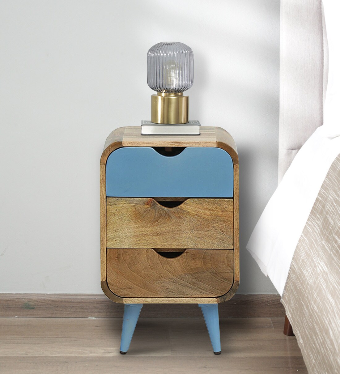 Buy Corky Solid Wood Bedside Table In Blue Colour With Drawers Online ...