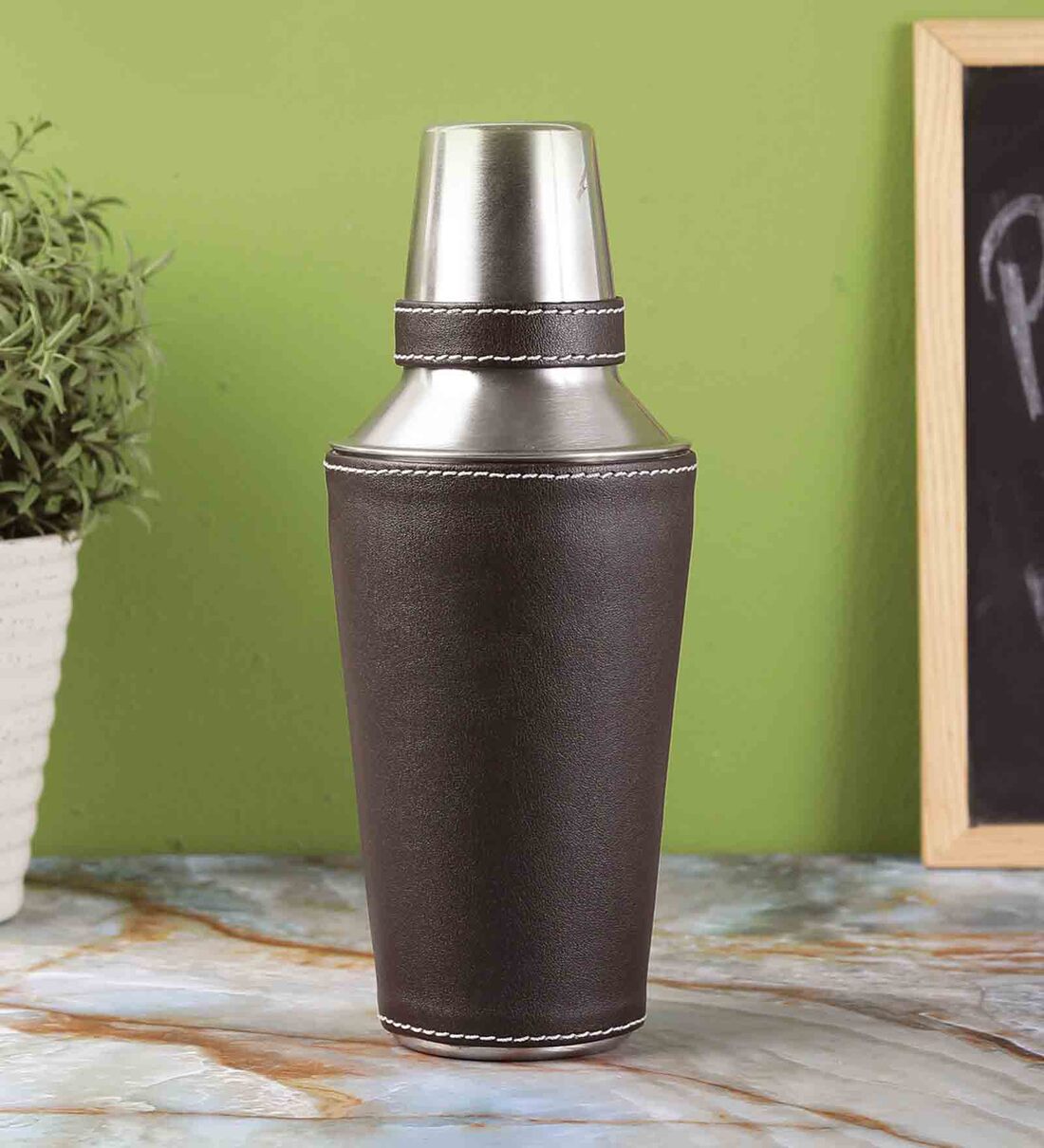 Buy Vintage Faux Brown & Silver Stainless Steel & Leatherette Cocktail ...