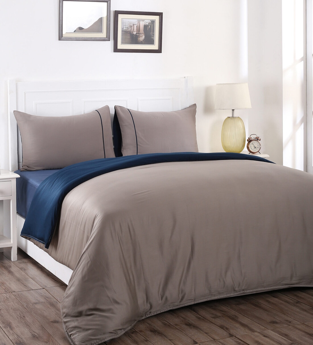 Buy Blue Solid 100% Cotton Double Bed Duvet Cover With 2 Pillow Covers ...