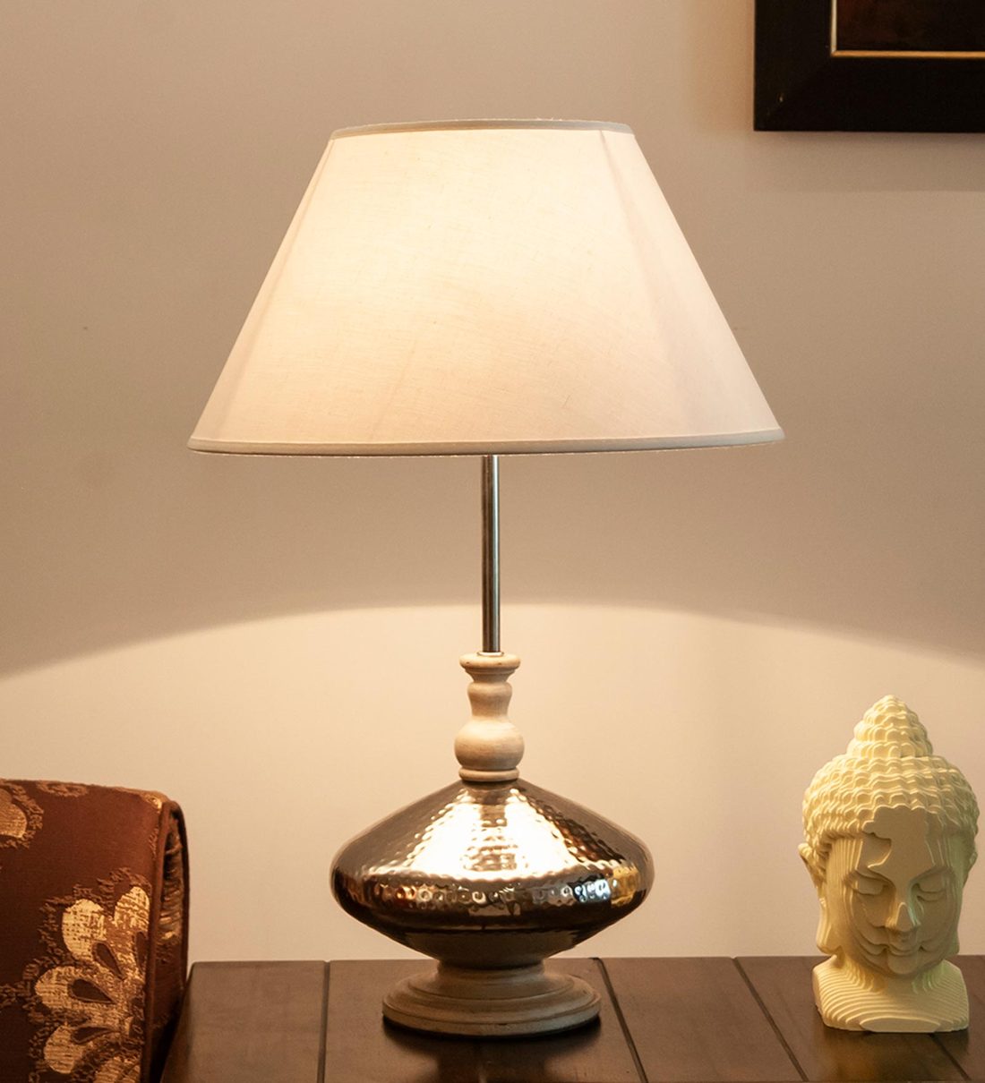 Buy White Cotton Shade Table Lamp with Nickel & Whitewash Base by ...