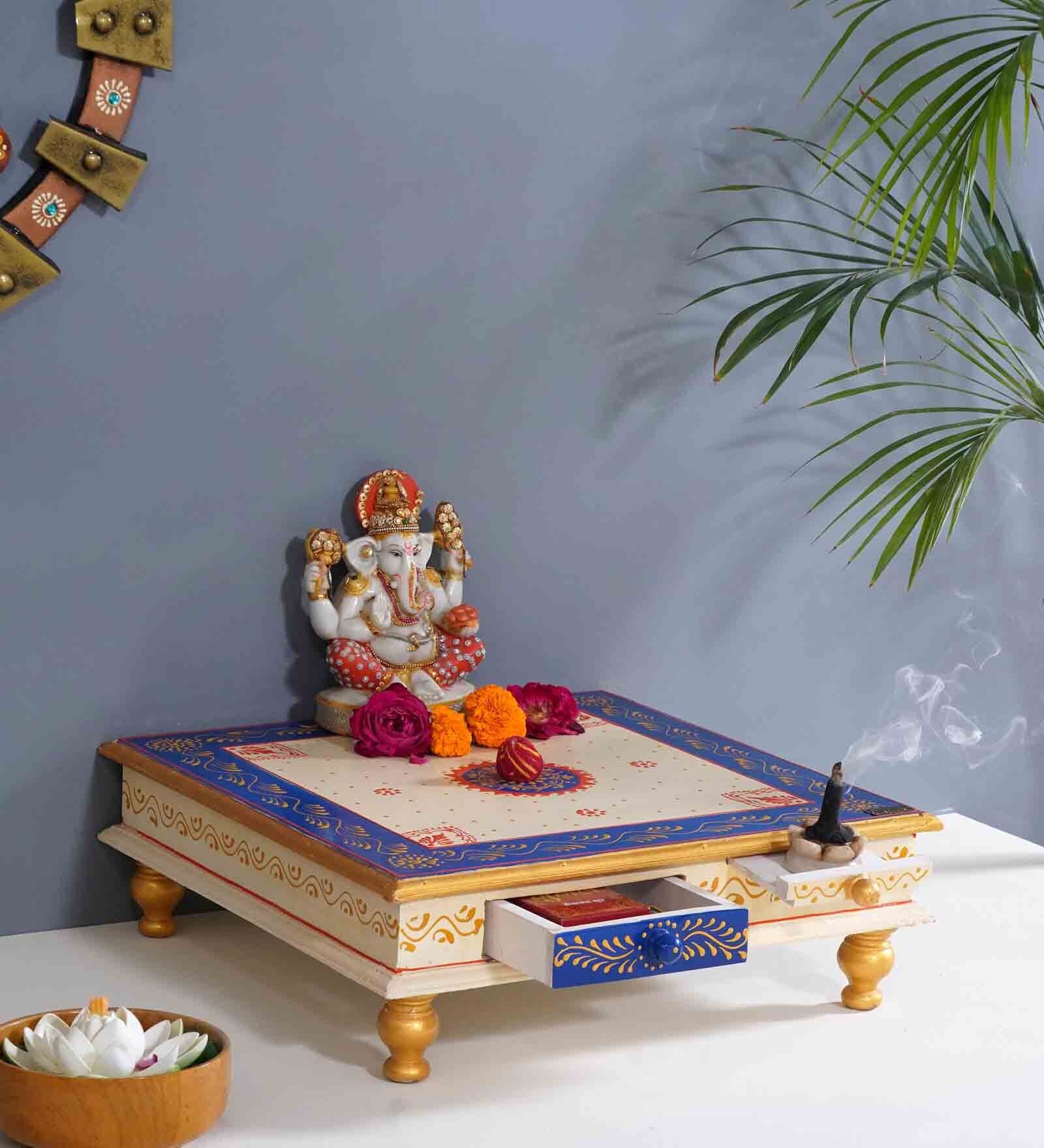 Buy White Big MDF & Sheesham Wooden Pooja Chowki with Drawer By D'DASS ...