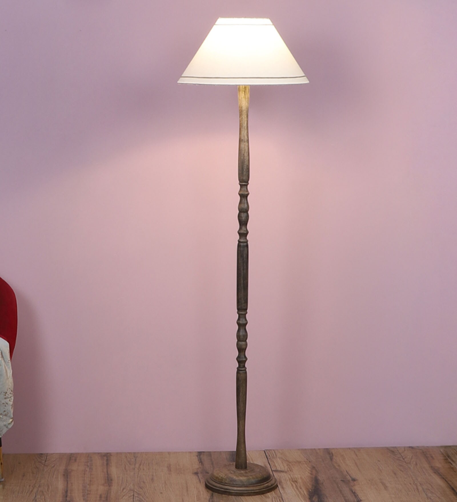 Buy Designer White Cottan Fabric Shade Club Floor Lamp With Mango wood ...