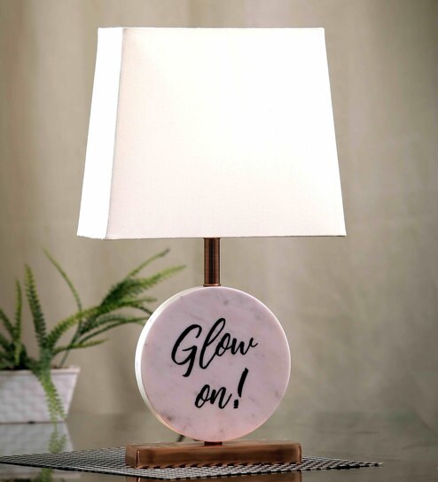 Buy Blue Fabric Shade Marble Table LED Lamp With Antique Copper Base By ...
