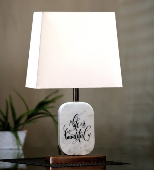 Buy Grey Fabric Shade Marble Table LED Lamp With Antique Copper Base By ...