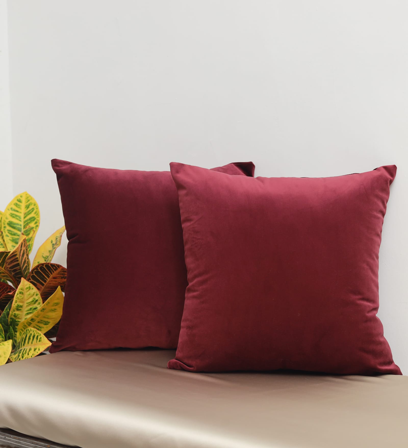 Buy Wine Solid Velvet 16 x 16 Inches Cushion Covers (Set of 2) by Seevo ...