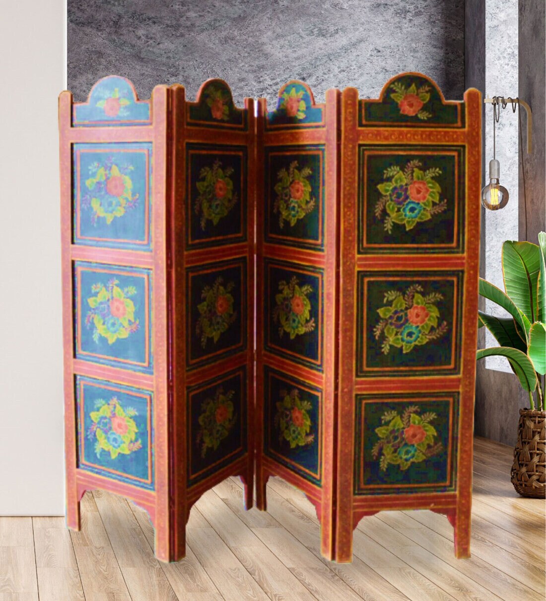 Buy Mango Wood & Mdf Floral Hand Painted Room Divider Online - Folding ...