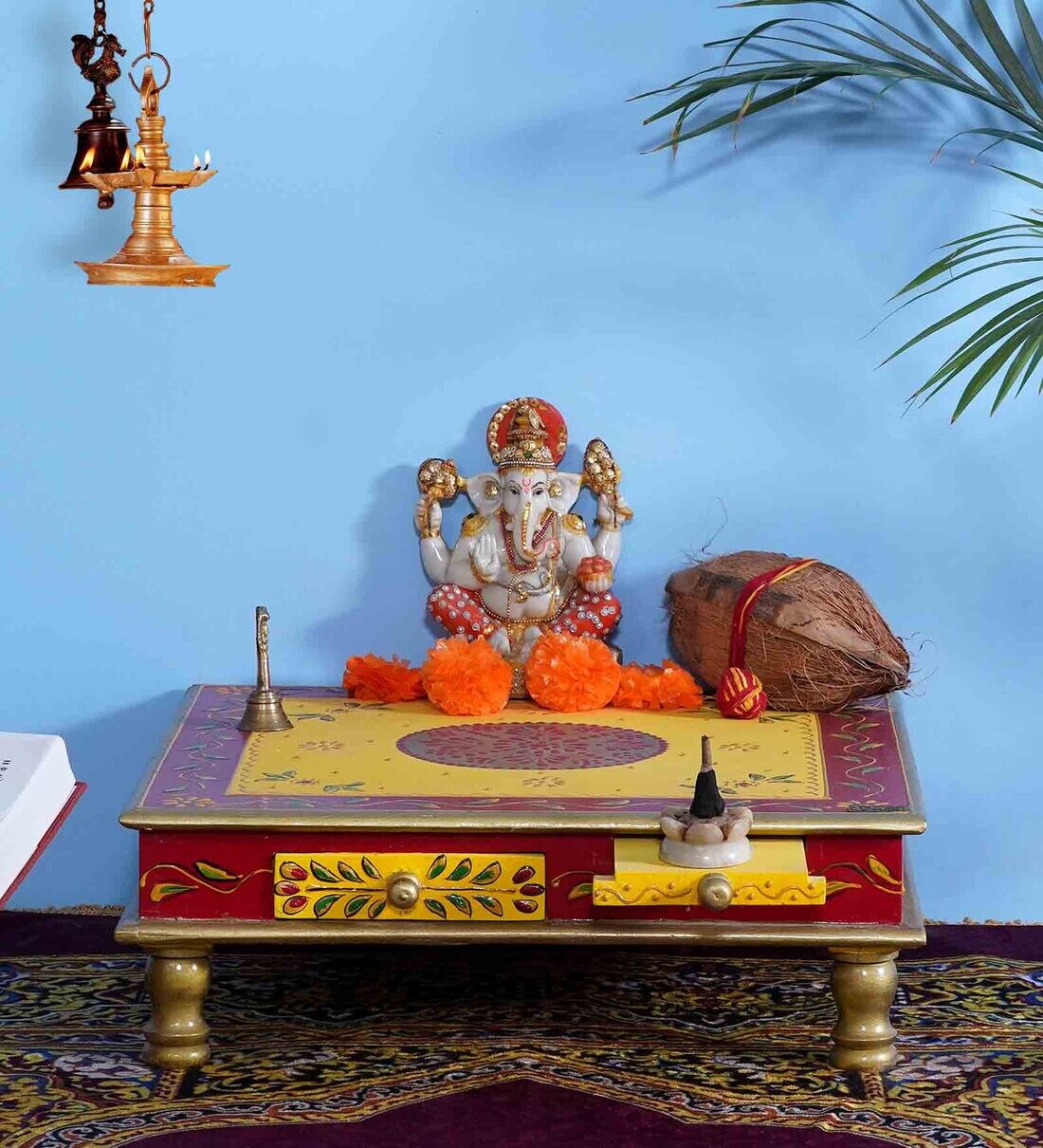 Buy Yellow MDF & Sheesham Wooden Pooja Chowki with Drawer By D'DASS ...
