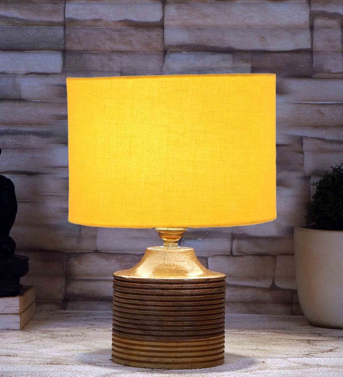 Buy Yellow Shade Table Lamp With Wood Base By New Era at 63% OFF by New ...