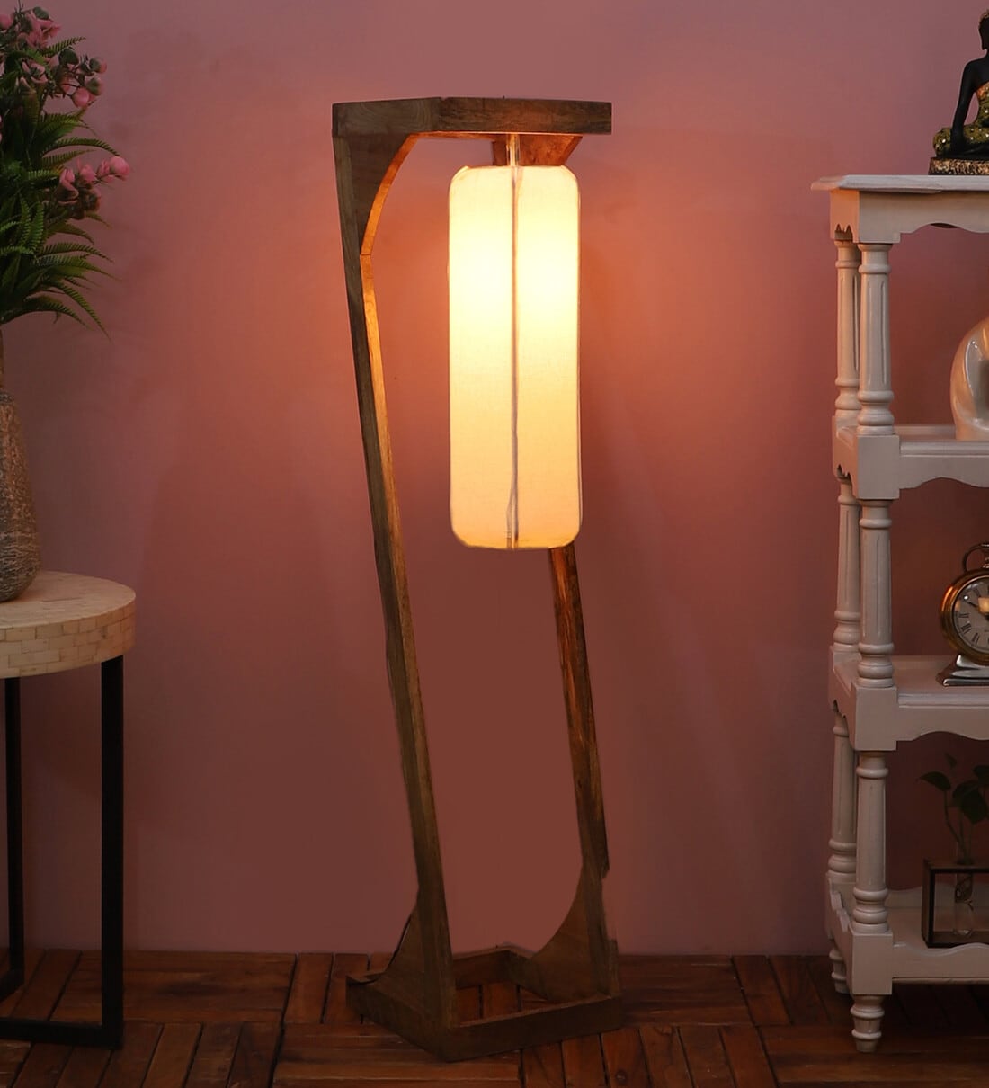 Buy Castilla White Cotton Shade Club Floor Lamp With Mango wood Base By ...